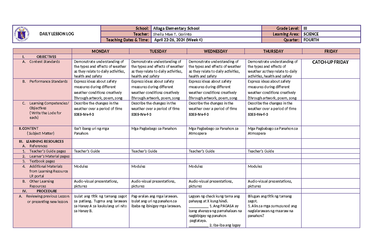 DLL Science 3 Q4 Week 4 Daily Lesson Log on Weather Changes - Studocu