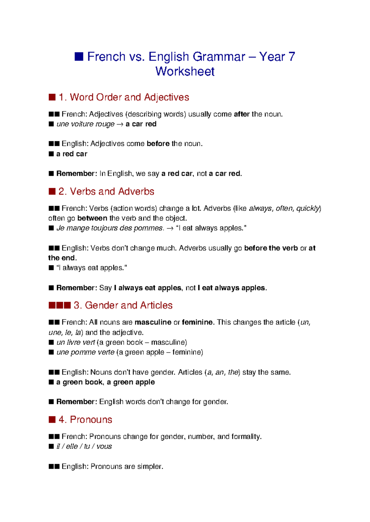 French vs. English Grammar Year 7 Worksheet: Word Order & Adjectives ...