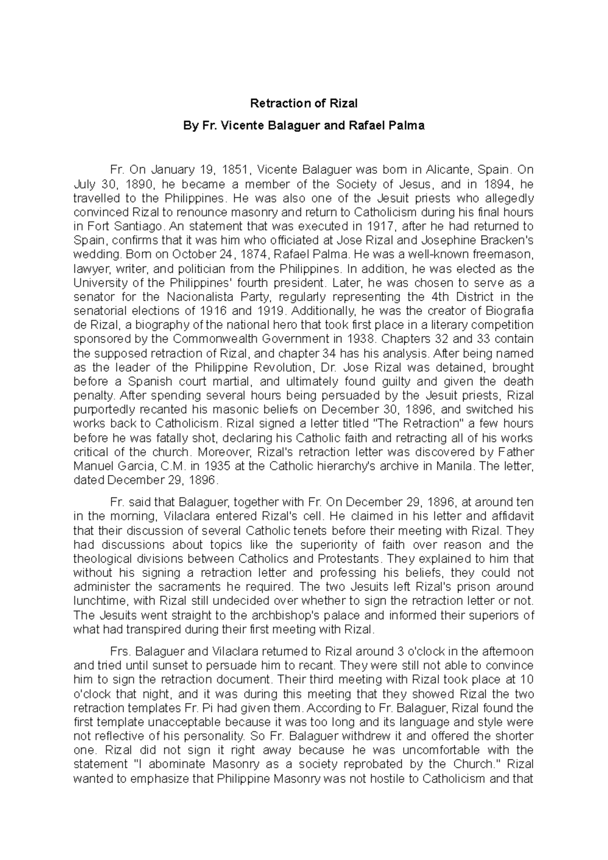 Retraction-of-Rizal - Retraction-of-Rizal - Retraction of Rizal By Fr ...