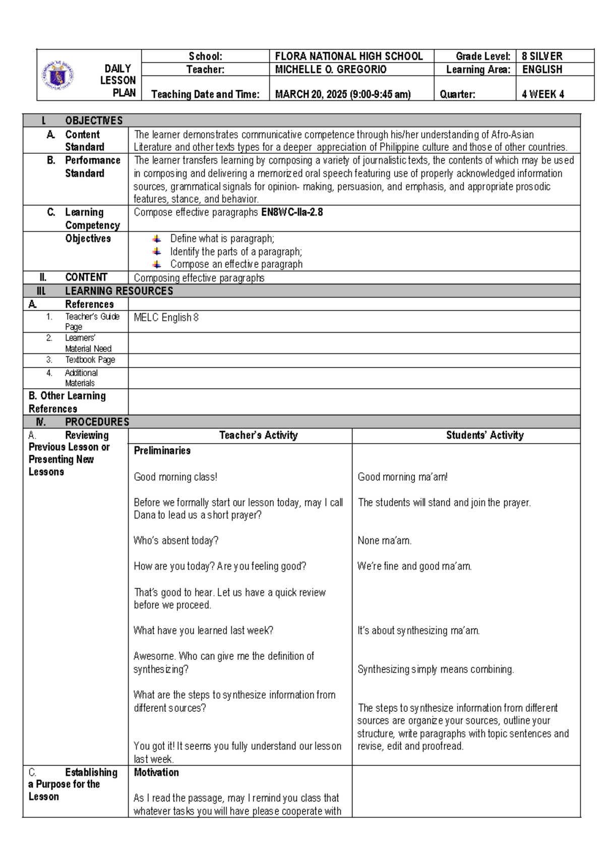 DLP: English 8 - Daily Lesson Plan on Composing Effective Paragraphs ...