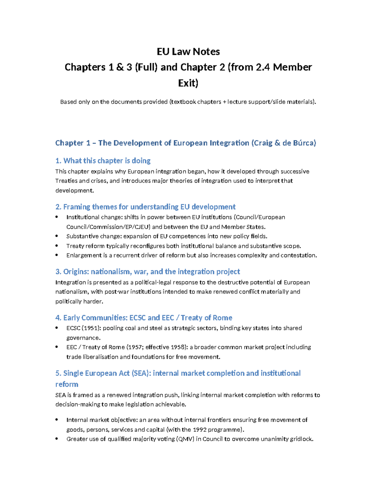 EU Law Notes: Chapters 1-3 Overview and Member Exit (Article 50 TEU ...