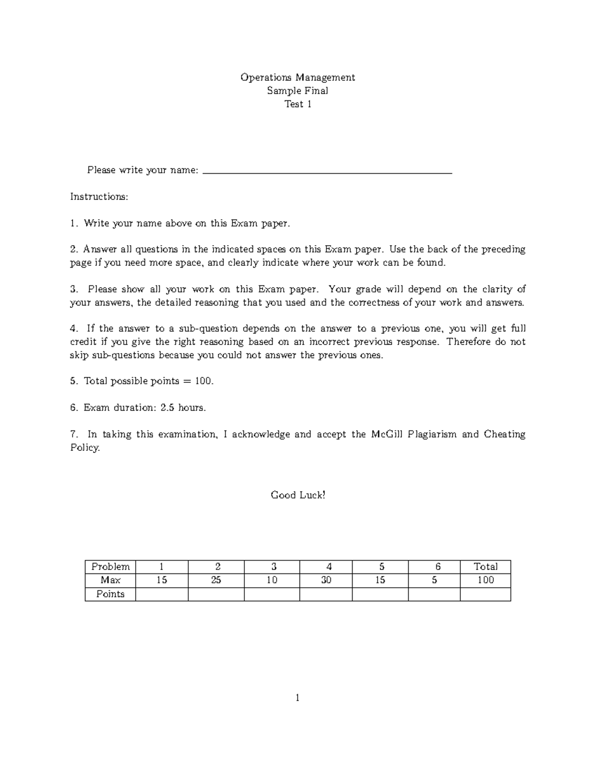 Operations Management OM 101 Sample Final Exam 1 - Studocu