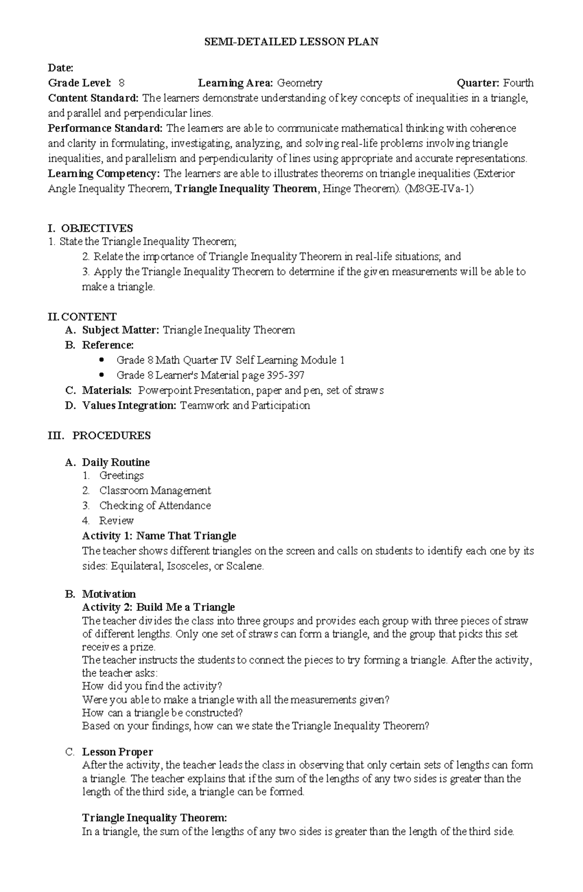 SDLP Geometry Lesson Plan: Triangle Inequality Theorem for Grade 8 ...