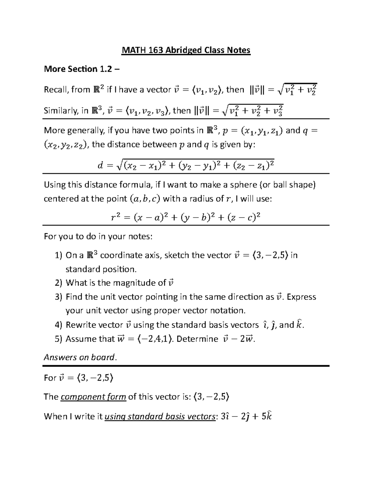 MATH 163 Class Notes: Understanding Dot Product & Projection Vectors ...
