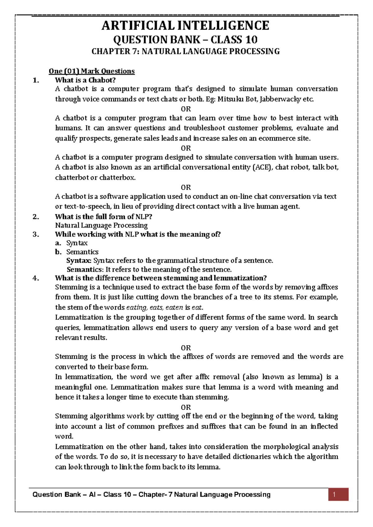 AI Question Bank – Class 10 – Natural Language Processing (Chapter 7 ...