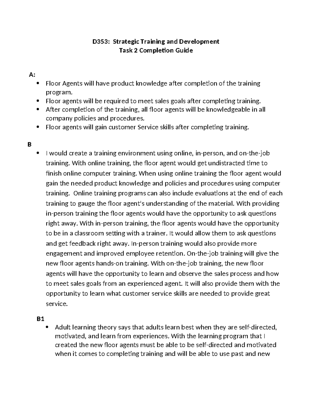 D353: Strategic Training & Development Task 2 Completion Guide - Studocu