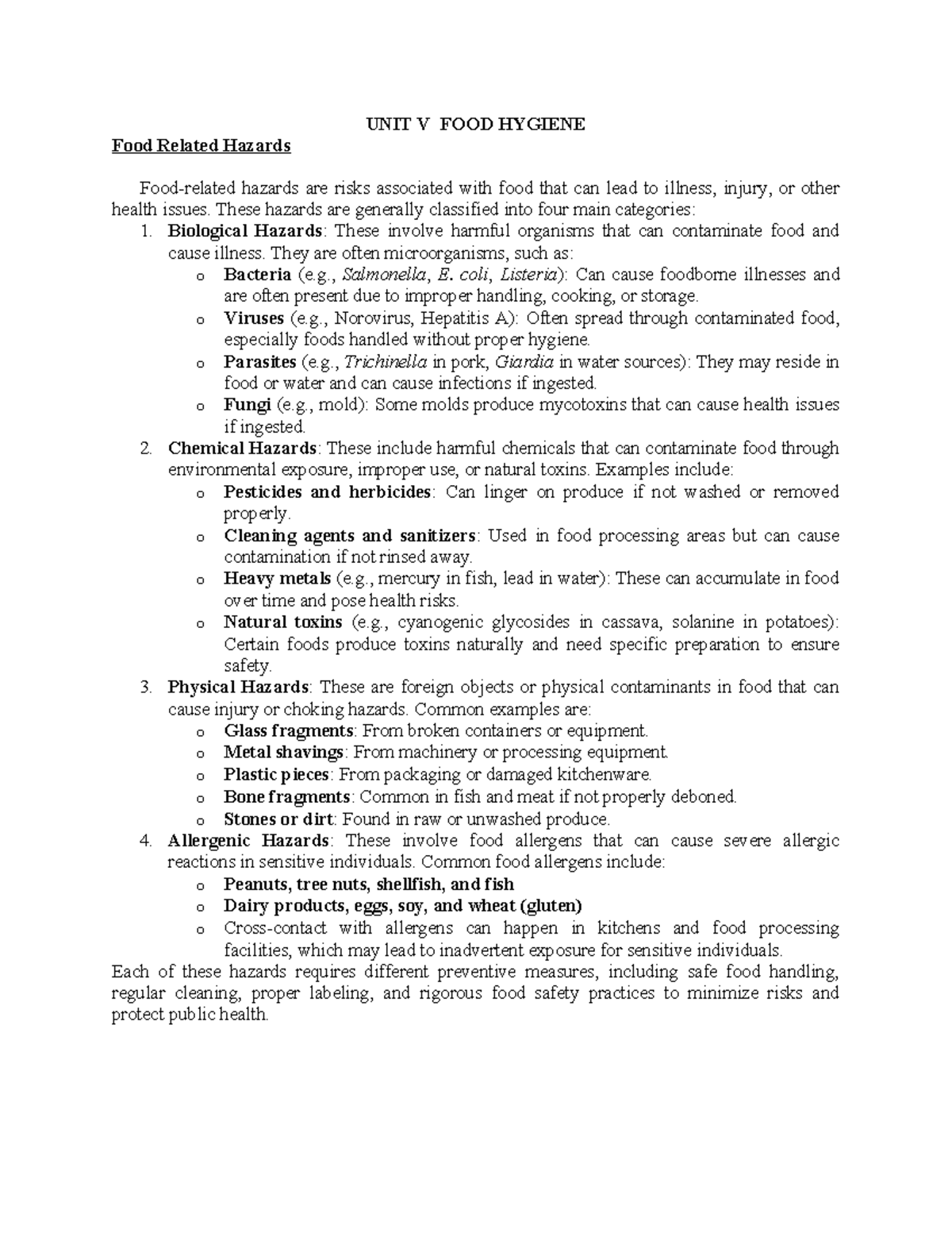 OFD353 IFP Unit 5 Food Hygiene Notes - Understanding Hazards and Safety ...