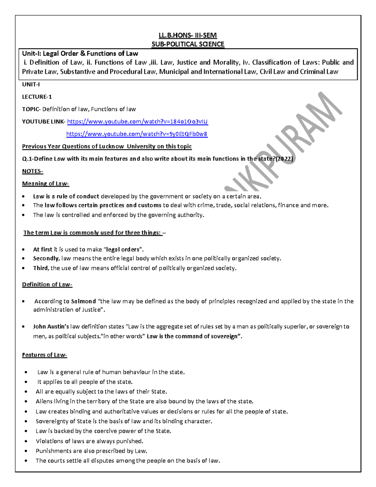 LL.B. HONS SCIENCE Functions and Classifications of Law: A ...