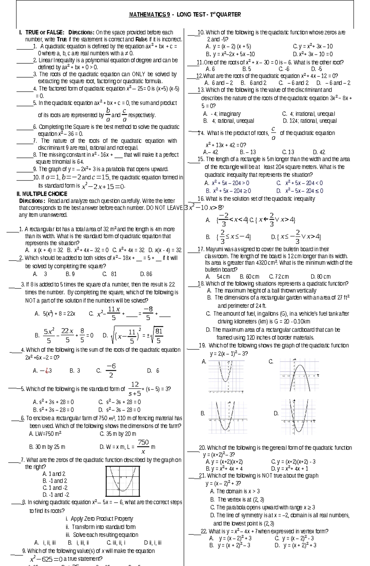 MATH 9 - LONG TEST 1ST QUARTER: QUADRATIC EQUATIONS & INEQUALITIES ...