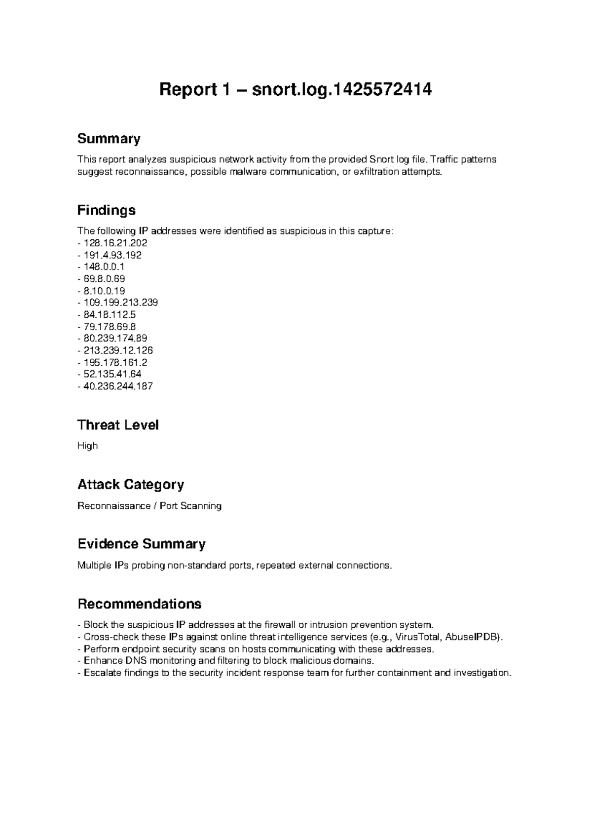 Wireshark Analysis Reports: Snort Log Threat Levels Summary - Studocu