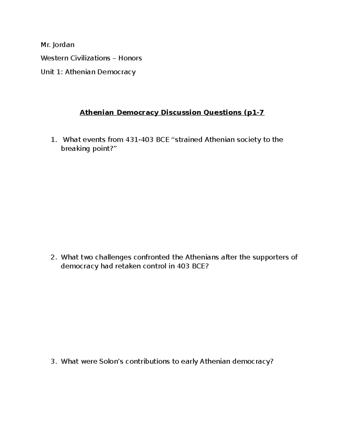 Athenian Democracy Case Study Discussion questions - First Reading ...