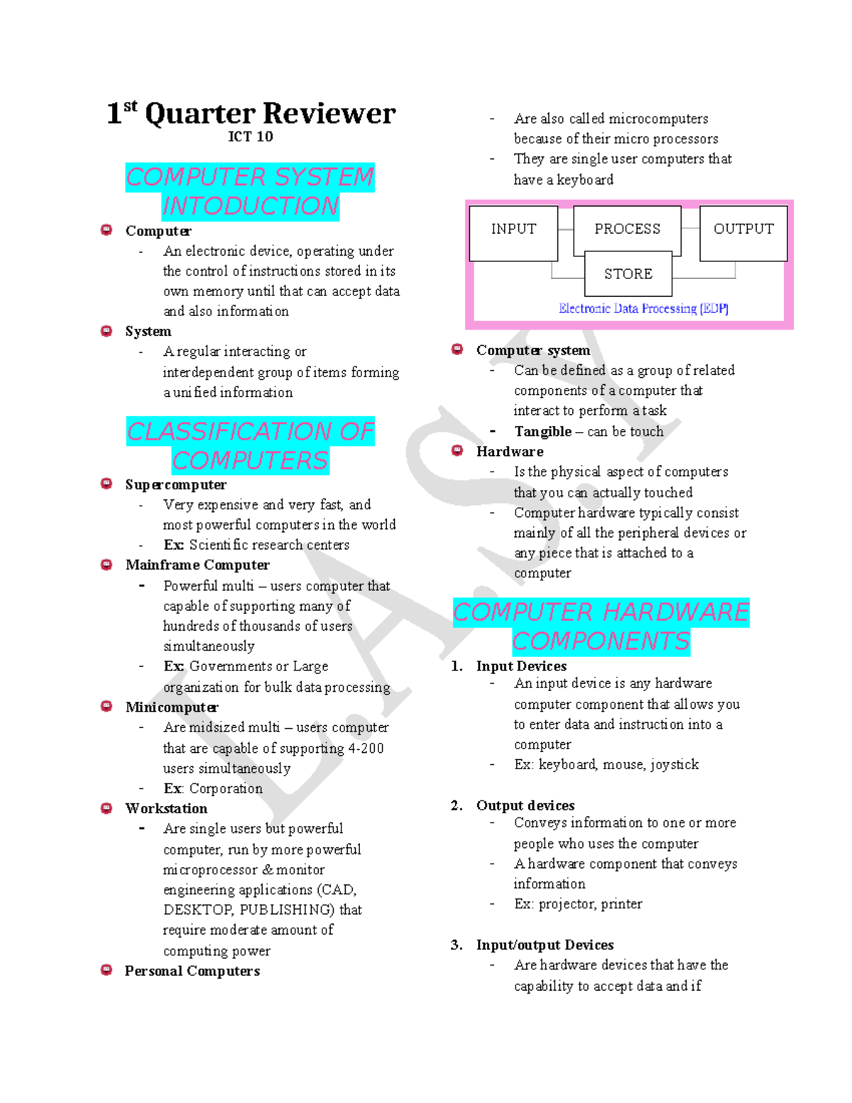 1st Quarter ICT 10 Reviewer: Computer Systems Overview and Components - Studocu