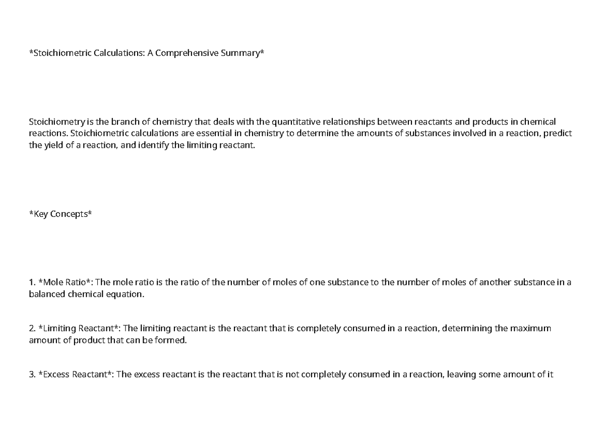 Chemistry 101: Comprehensive Stoichiometry Notes for All Grades - Studocu
