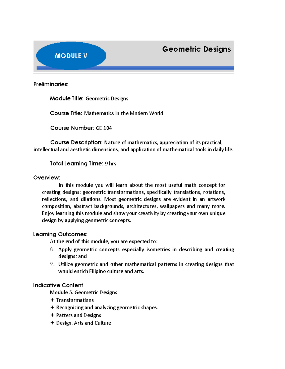 Geometric Designs Module - GE 104: Understanding Transformations and ...