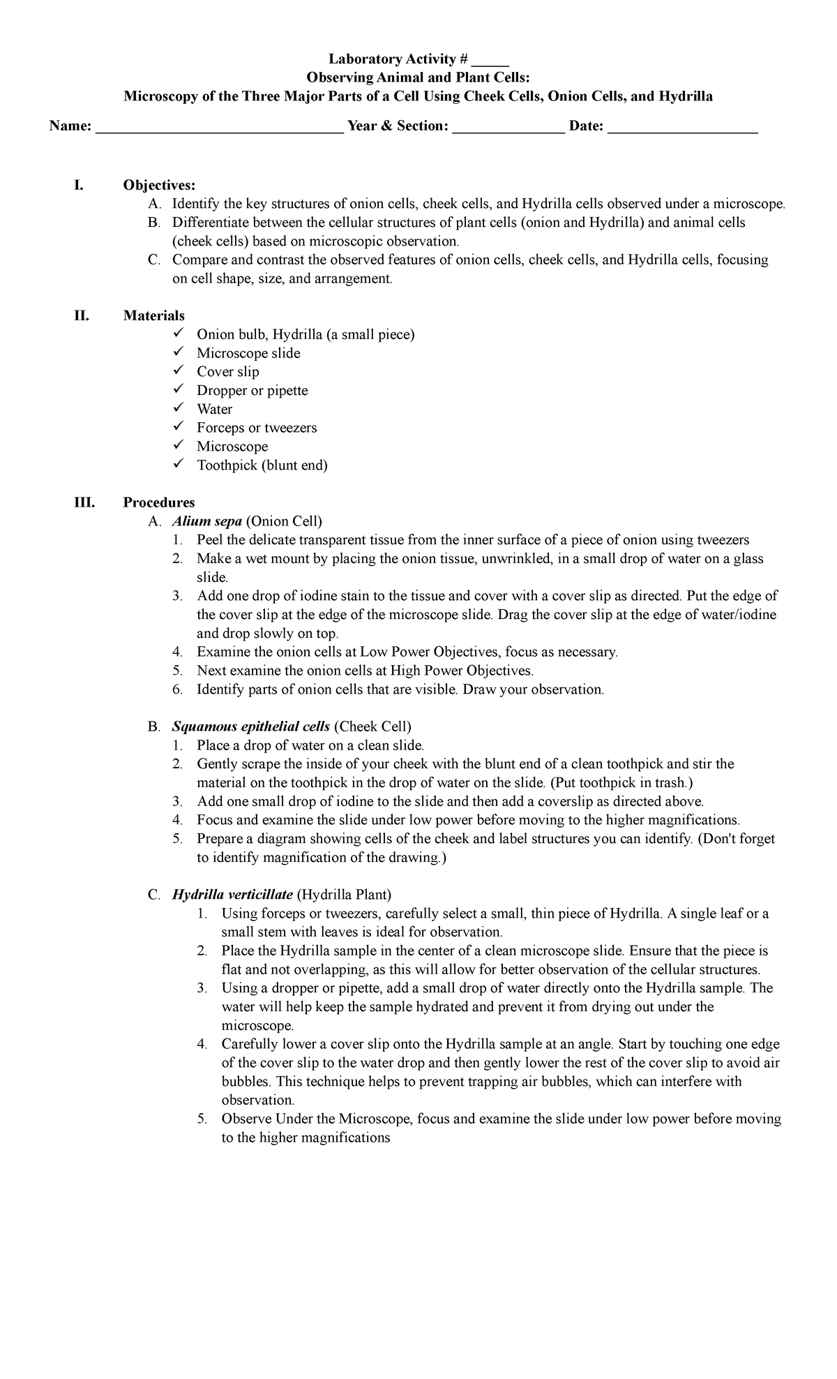 Laboratory Activity: Observing Animal and Plant Cells (Biology 101 ...