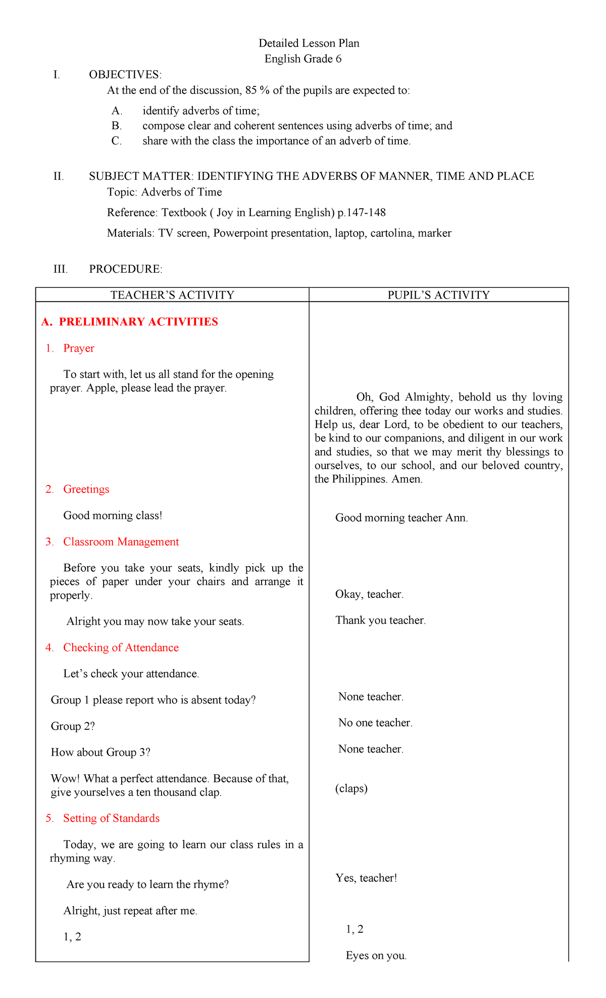 Lesson Plan: English Grade 6 - Adverb of Time (ENG 6) - Studocu