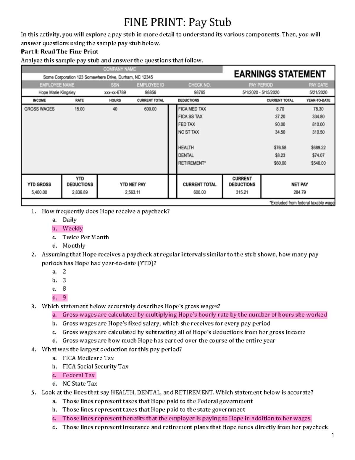FINE PRINT: Analyzing Pay Stub Components and Questions - Studocu