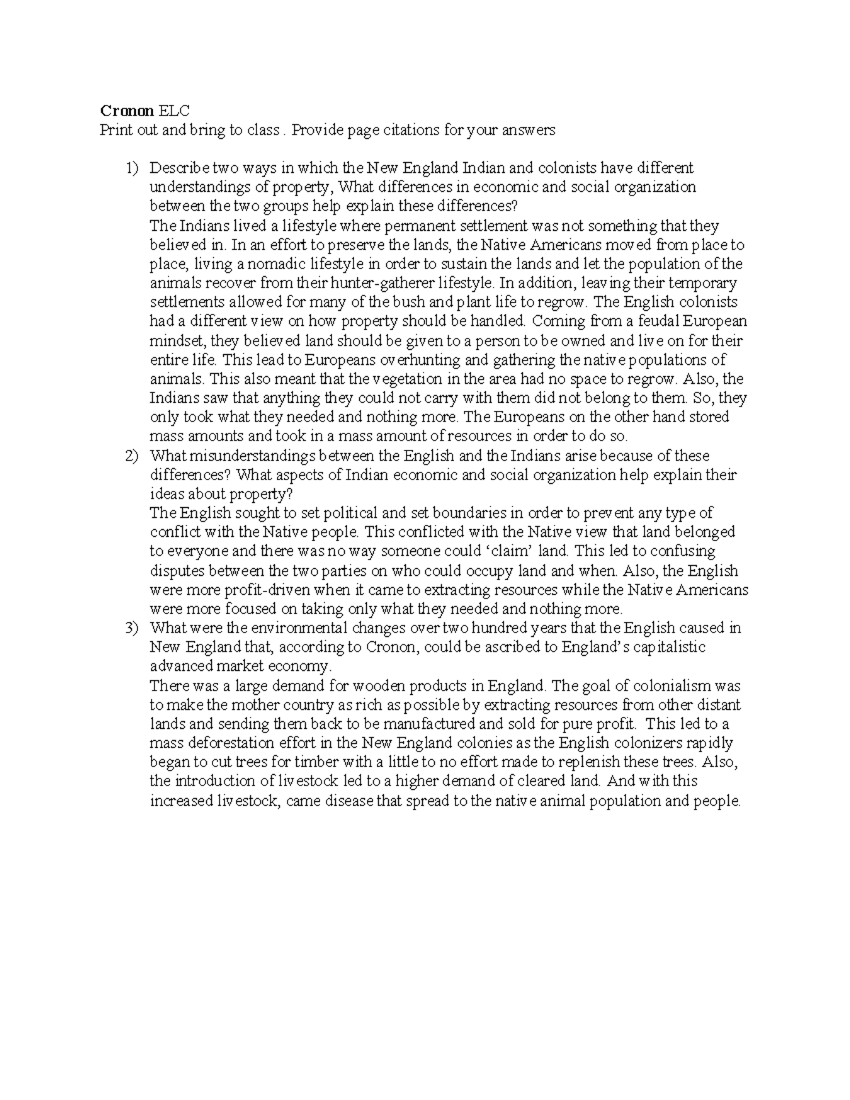 Cronon reading questions 2024 - Cronon ELC Print out and bring to class ...