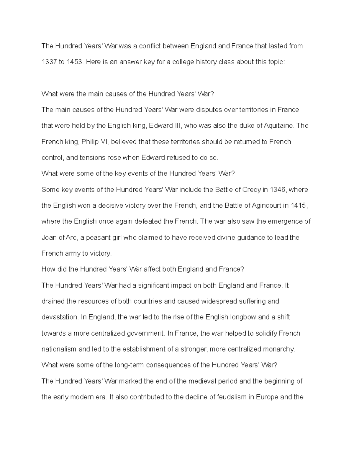 The hundreds years war Answer Key - The Hundred Years' War was a ...
