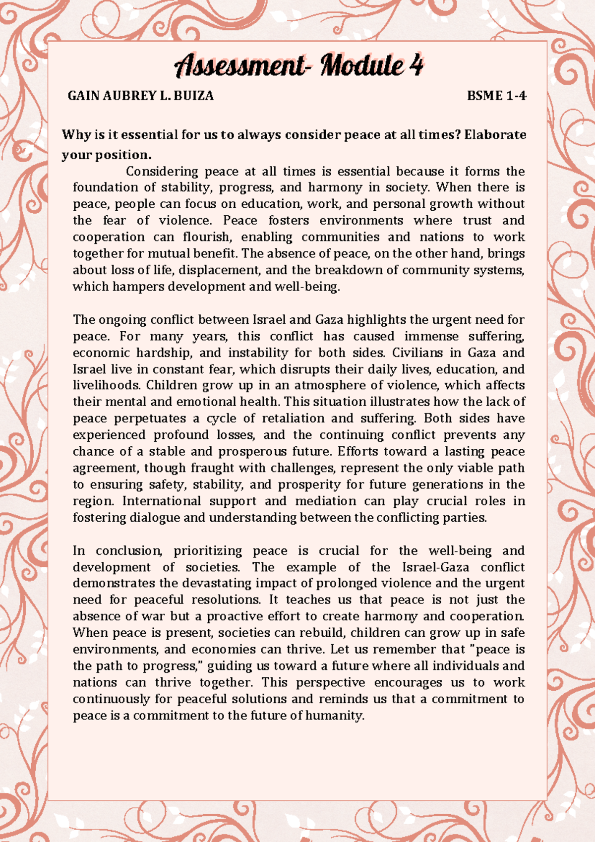 Module 4 Assessment on Peace: Challenges and Solutions in CWTS002 - Studocu