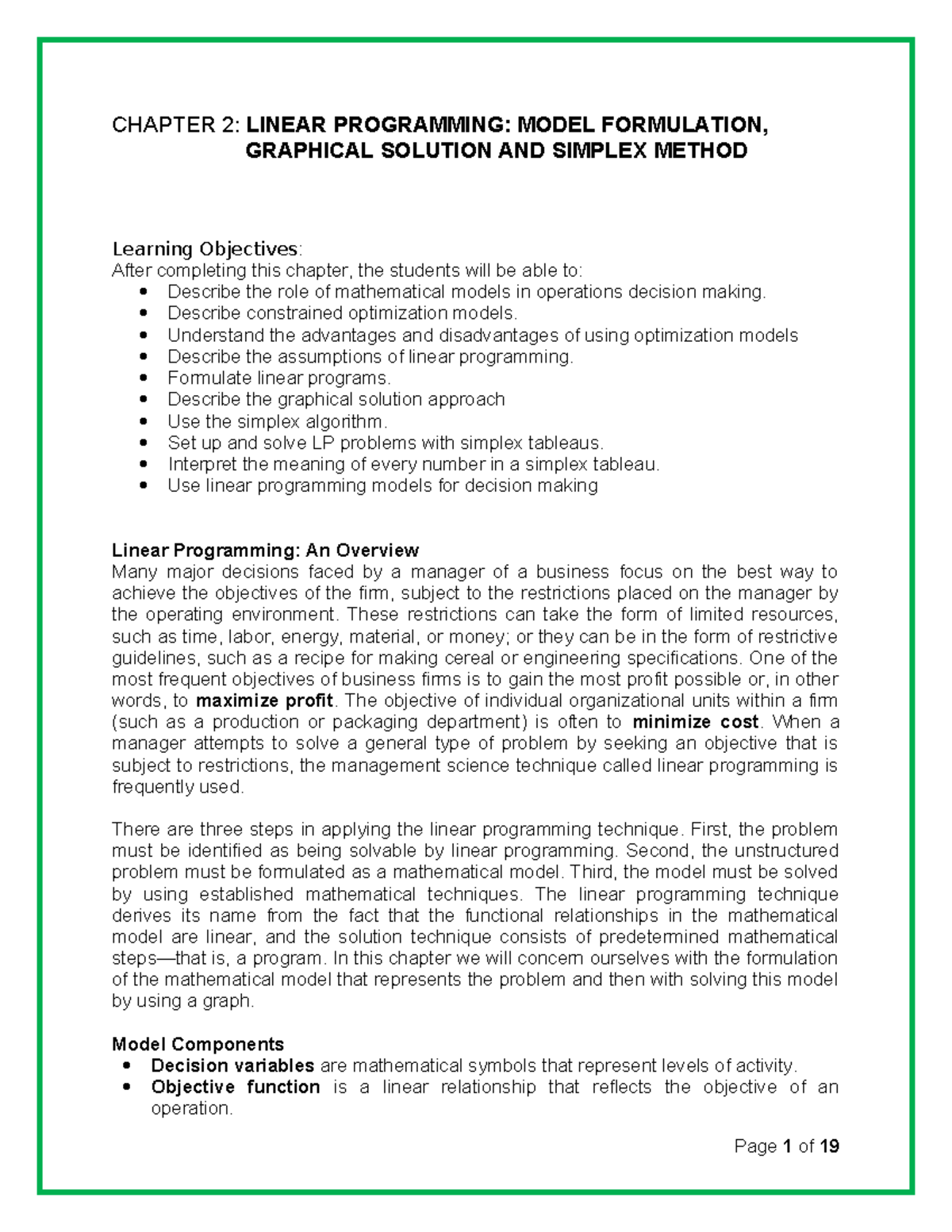 MGT 111 Chapter 2: Linear Programming - Graphical & Simplex Methods ...