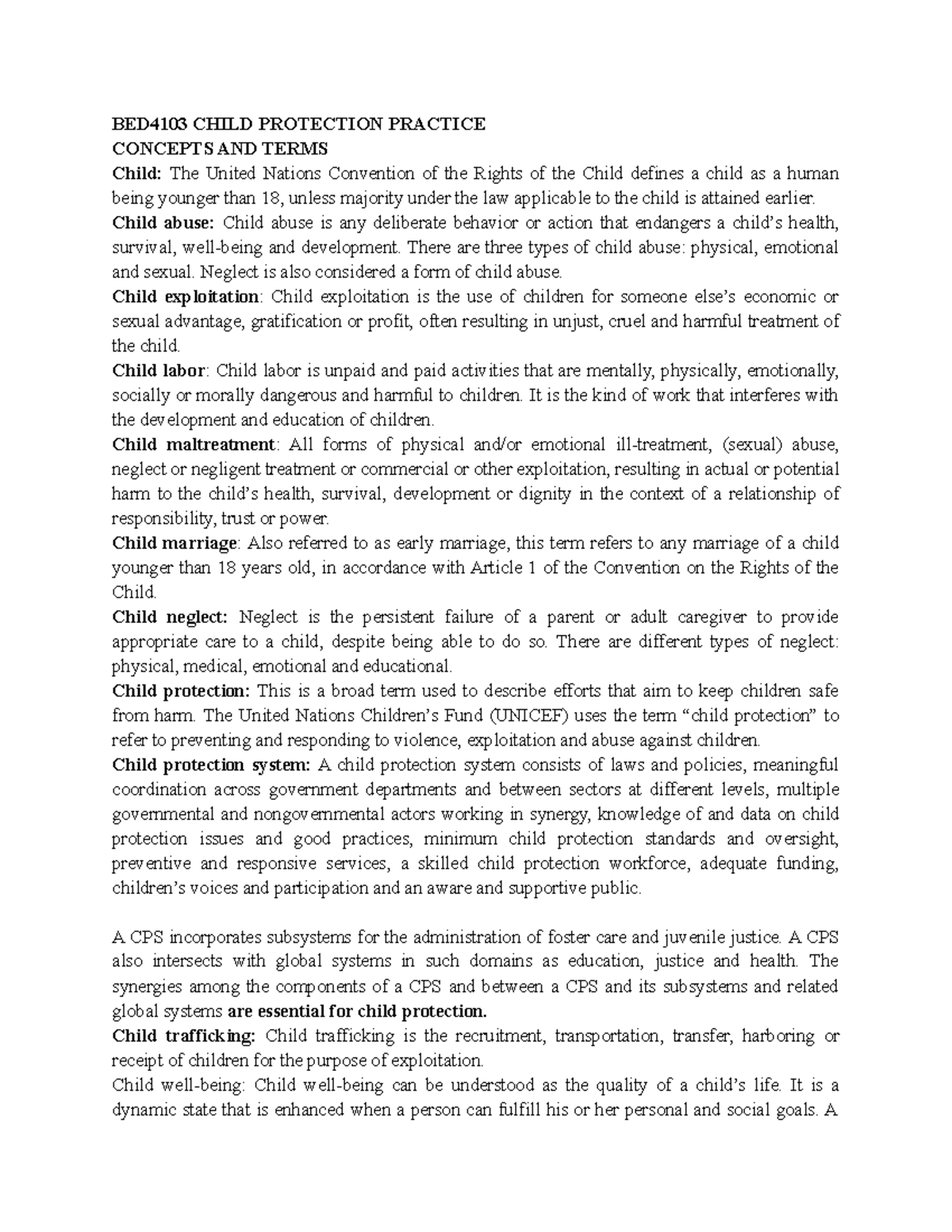 BED4103 Child Protection Practice: Concepts & Terms Overview - Studocu