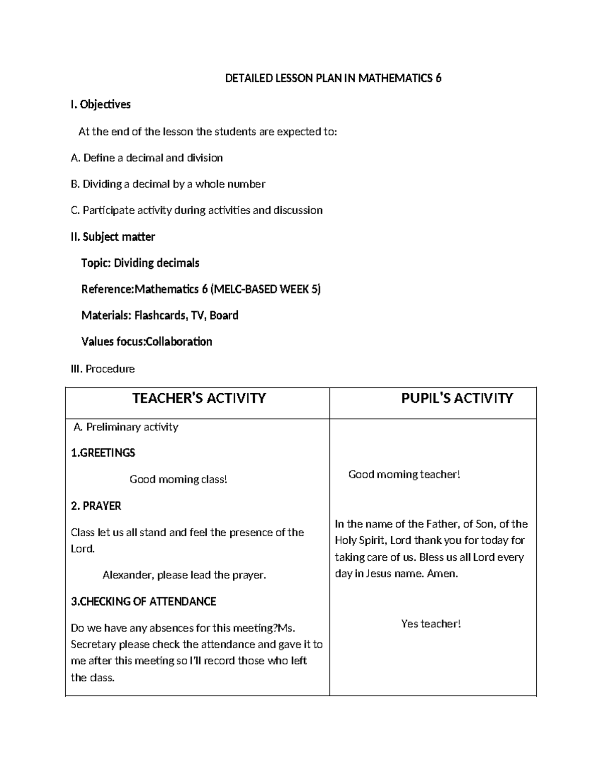 Mathematics 6 Detailed Lesson Plan: Dividing Decimals - Studocu
