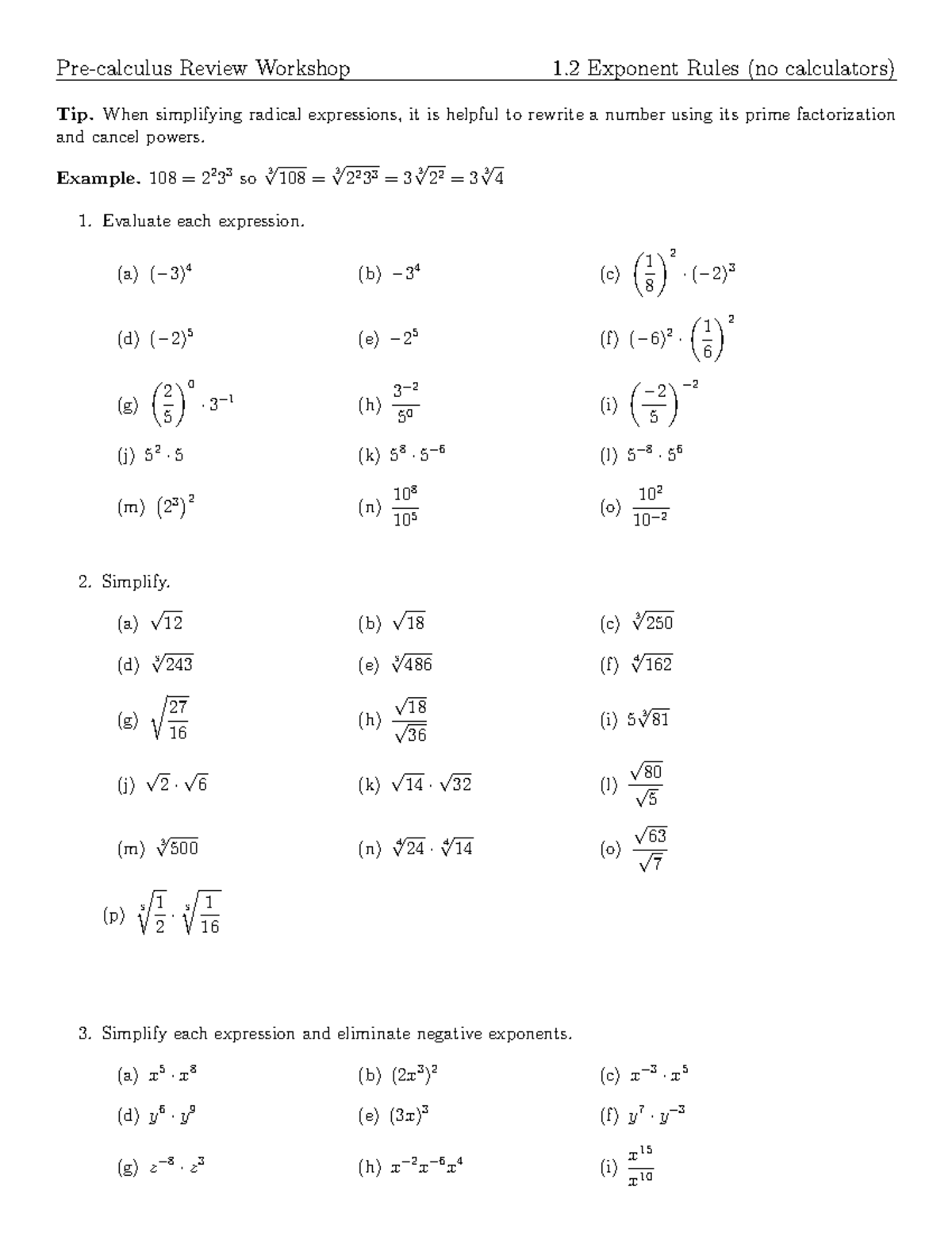 Exponents and radicals - Pre-calculus Review Workshop 1 Exponent Rules ...