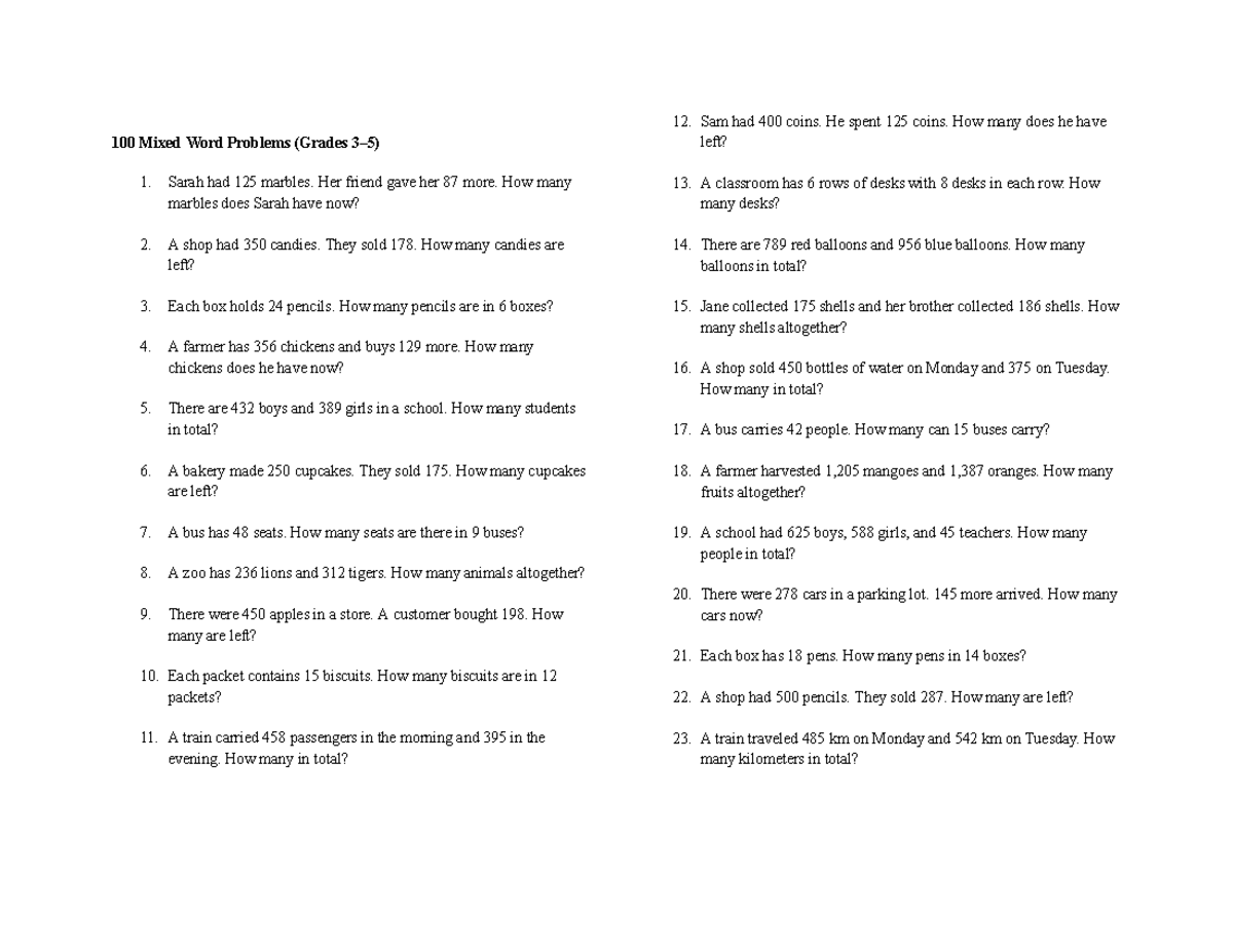 100 Mixed Word Problems for Grades 3–5 - Studocu