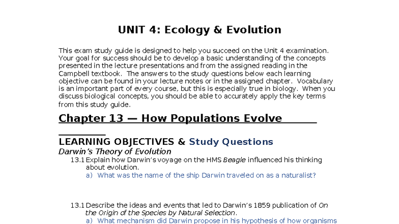 Unit 4: Ecology & Evolution Exam Study Guide - Studocu