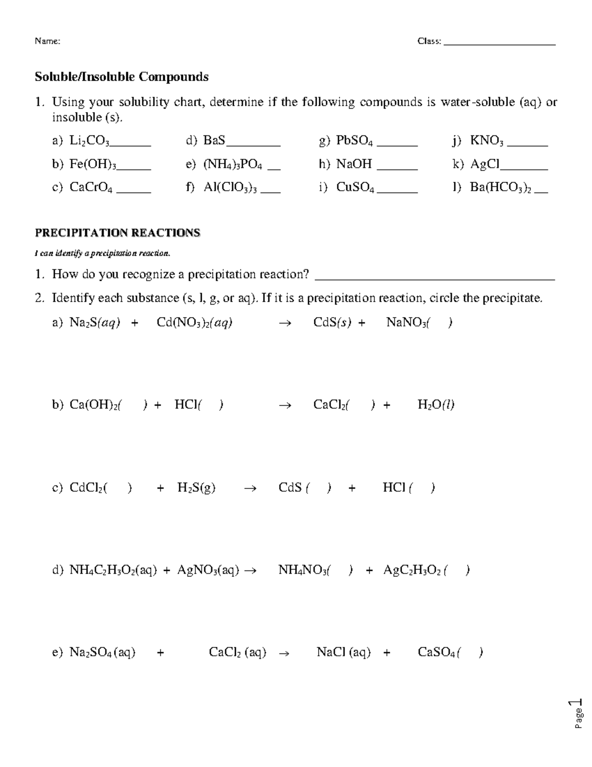 10B Precipitation Reactions: Solubility and Balancing Notes - Studocu