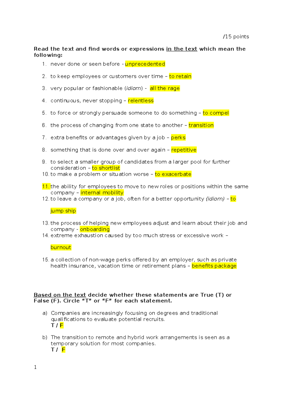 Reading Comp Key - Übungstest: Vocabulary & True/False Statements - Studocu