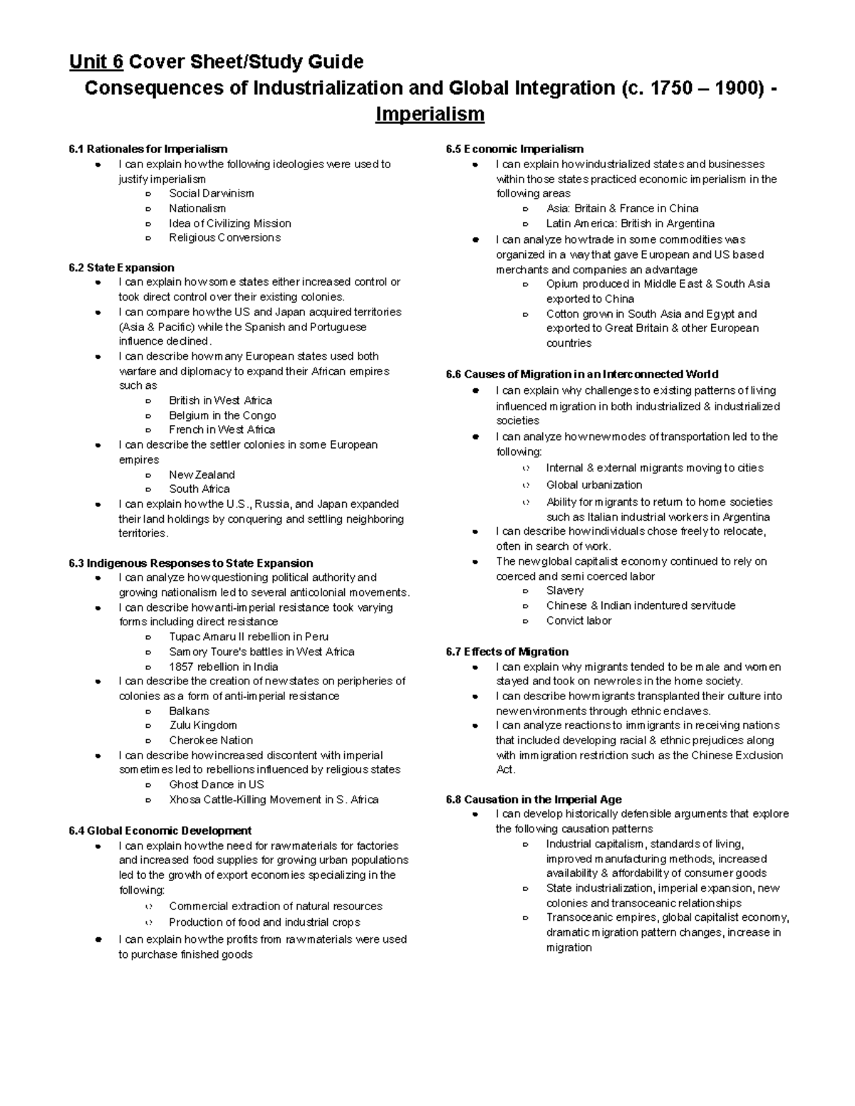Unit 6 Study Guide: Industrialization, Imperialism & Global Impact ...