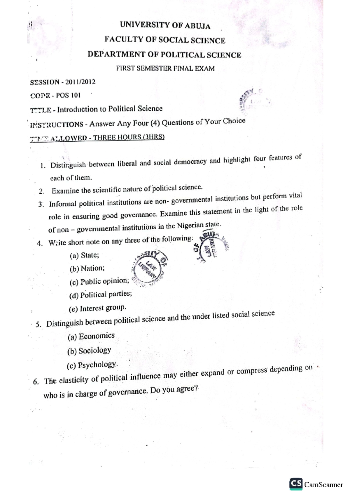 POS 101: Final Exam Past Questions in Political Science - Studocu