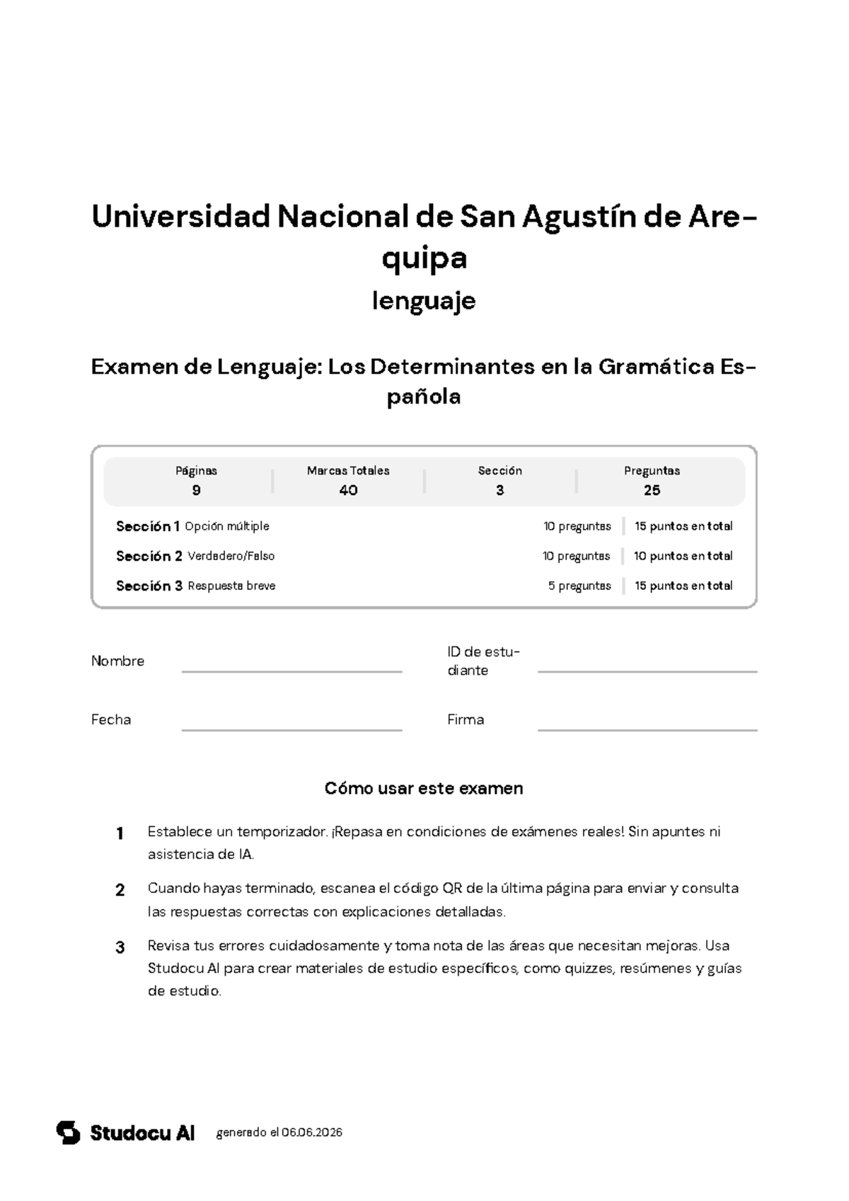 Examen de Lenguaje: Los Determinantes en Gramática - Studocu