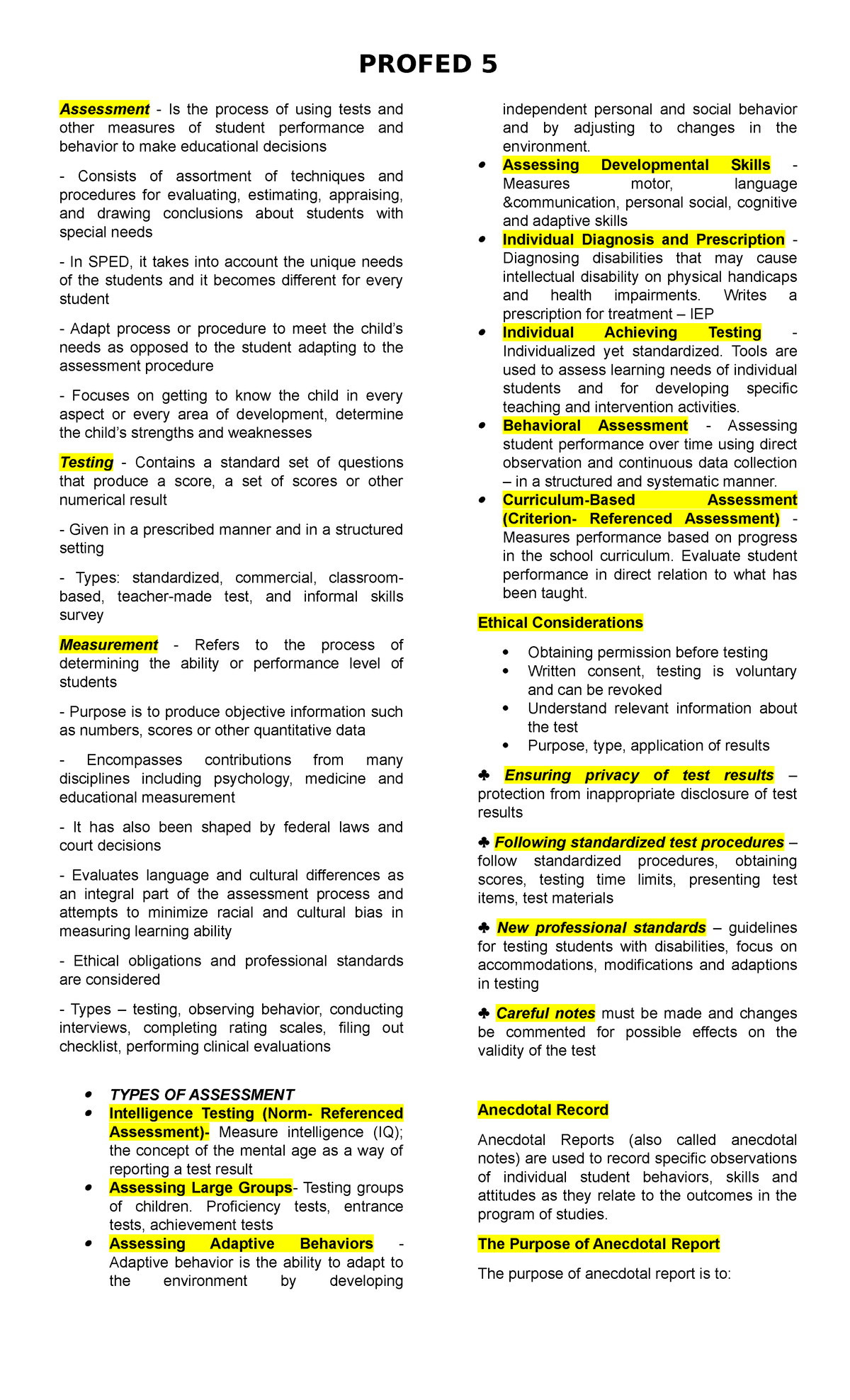 Profed 5 - Special Educ Assessments & Ethical Considerations - Studocu