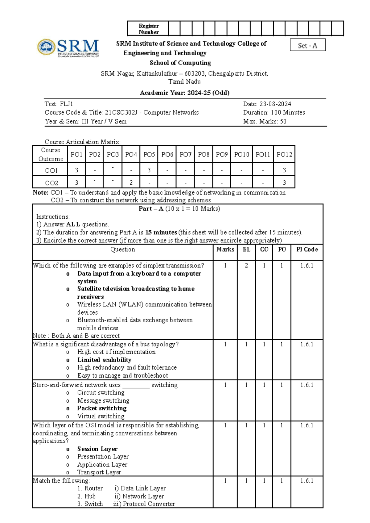 21CSC302J Computer Networking Test: Answer Key for CT-1-CN Set-A - Studocu