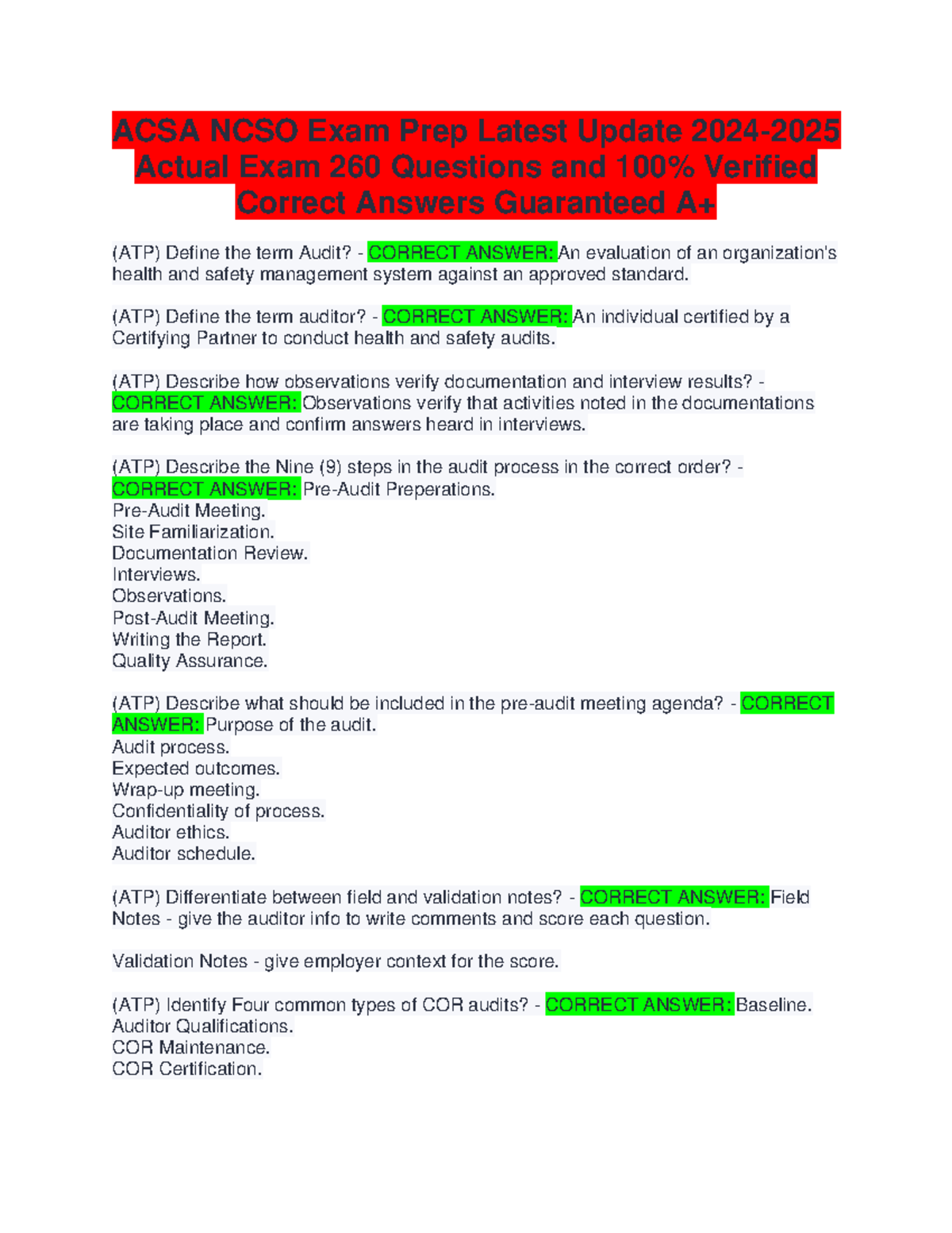 ACSA NCSO Exam Prep 2024-2025: 260 Qs & Verified Answers Guaranteed ...