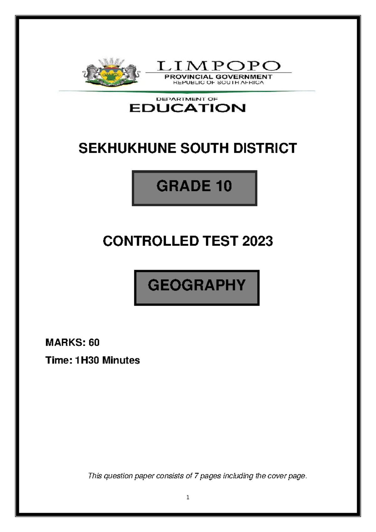 2023 LP Grade 10 Geography Controlled Test No 1 - Studocu