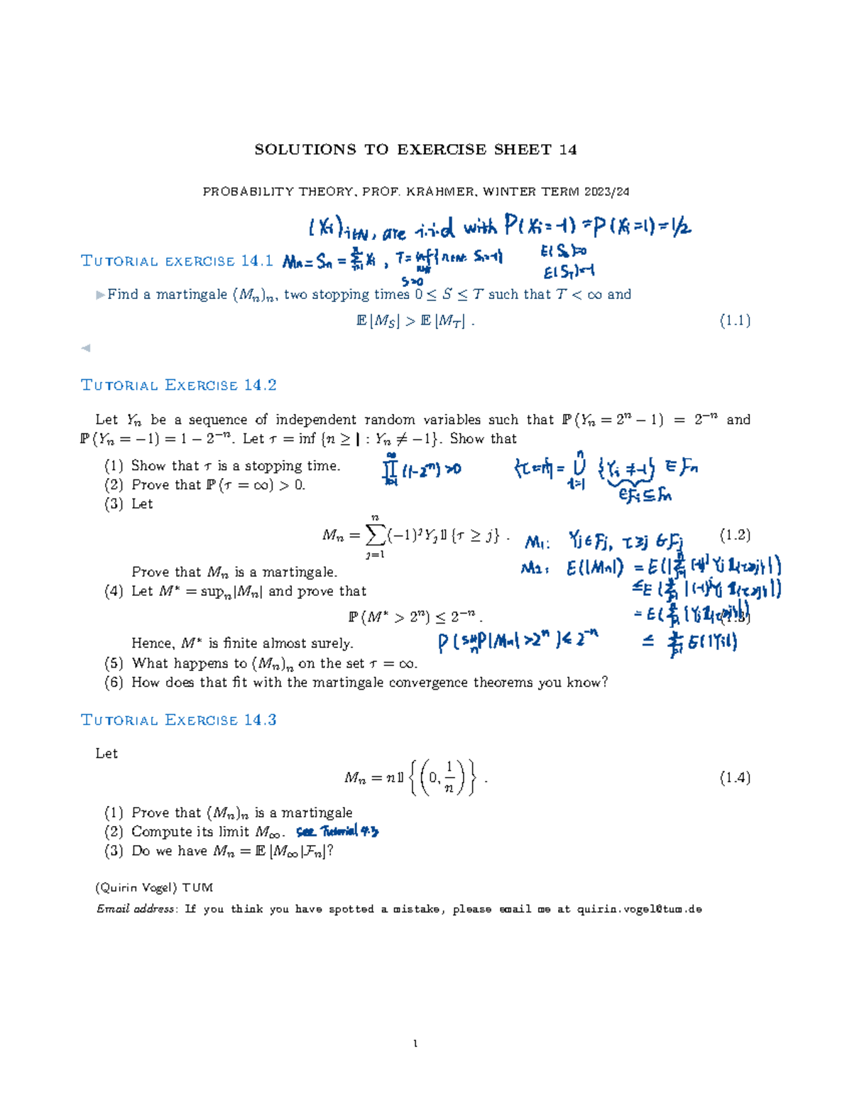 Solutions to Tutorial Exercise Sheet 14 - Probability Theory Winter ...
