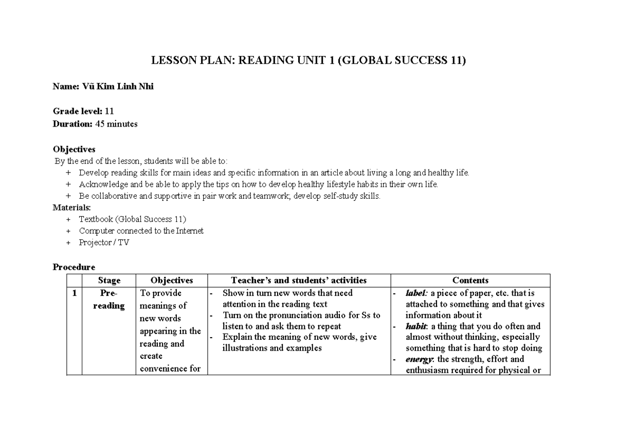 Reading Lesson Plan: Unit 1 - Healthy Living (Global Success 11) - Studocu