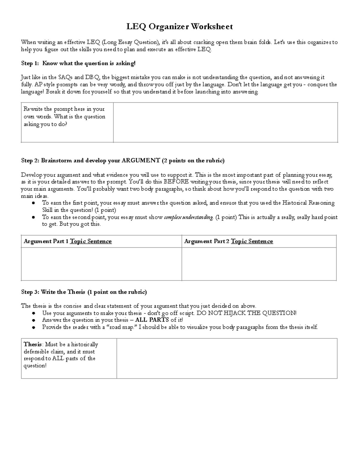 LEQ Organizer Worksheet Guide for Effective Essay Planning - Studocu