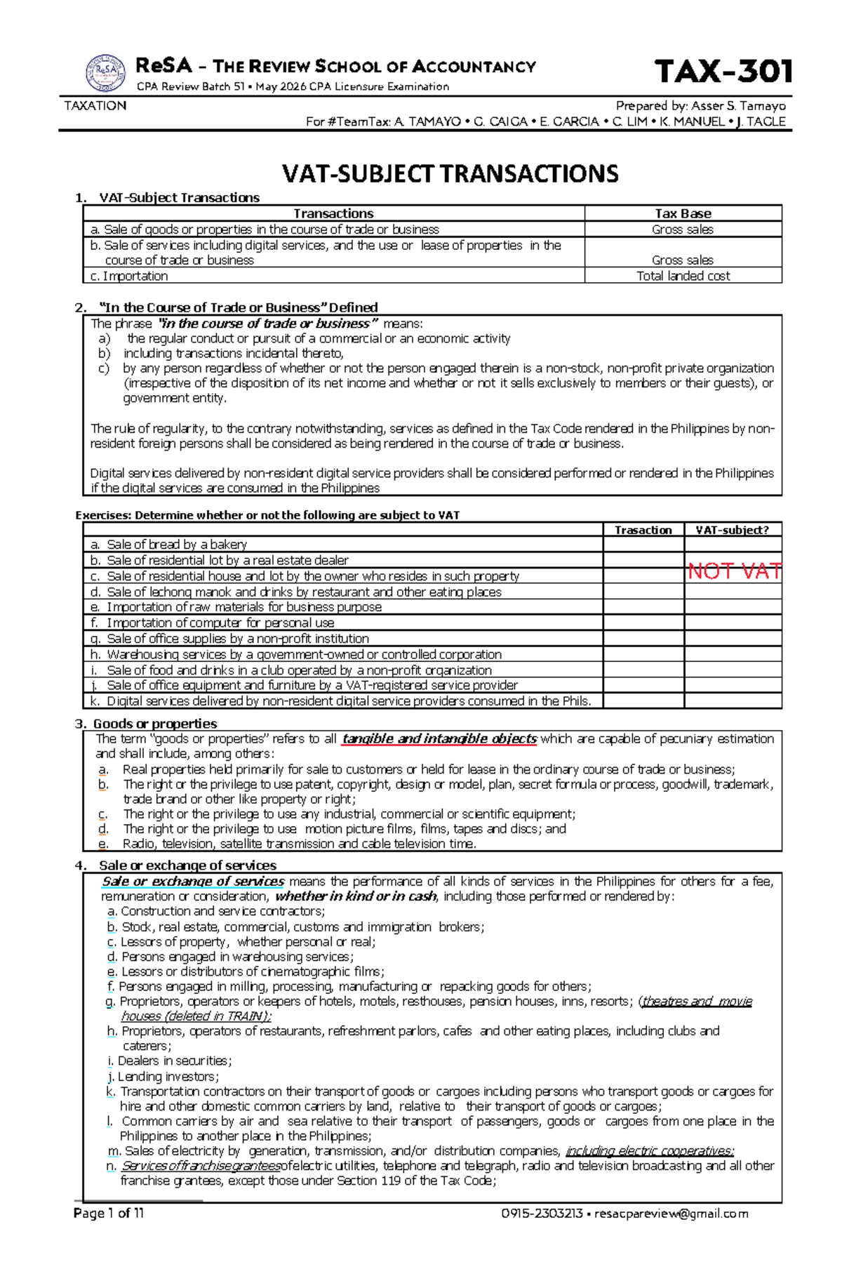 TAX-301 Final Exam Review: VAT-Subject Transactions for CPA Exam - Studocu