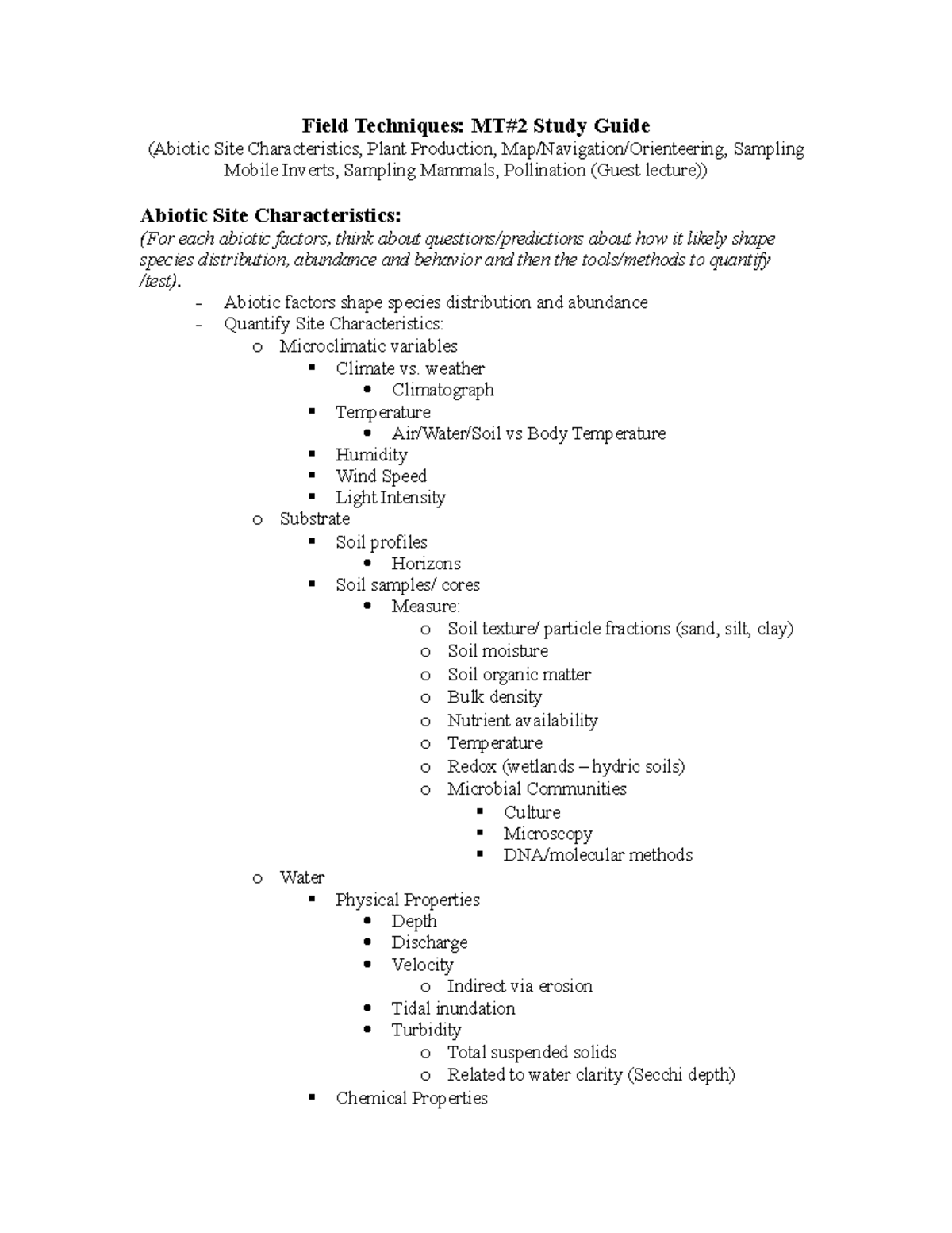 Field Techniques Exam 1 Study Guide Fall 2022 - Field Techniques: MT#2 ...