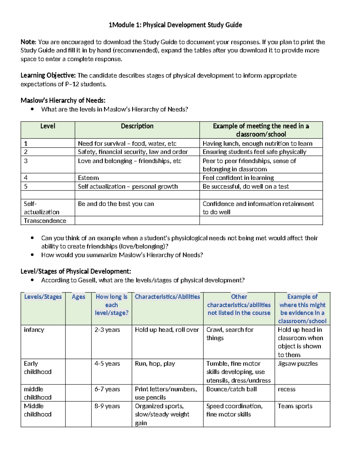 Study Guide 1 - assessment - 1Module 1: Physical Development Study ...
