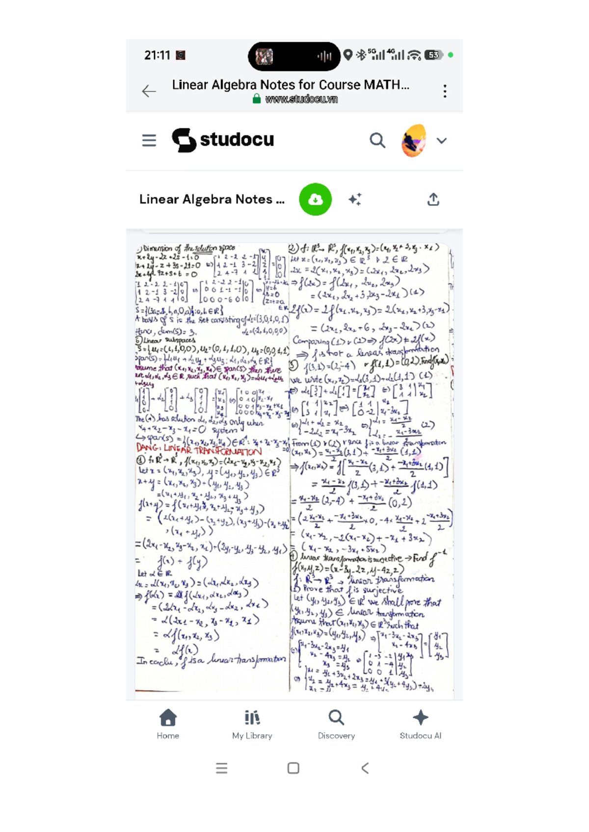 MATH 21:11 Linear Algebra Notes - Key Concepts and Transformations ...