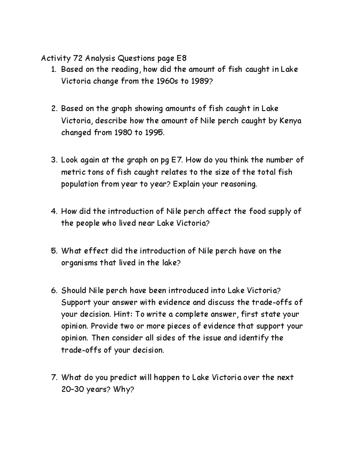 Activity 72 Analysis Questions page E8 - Based on the reading, how did ...