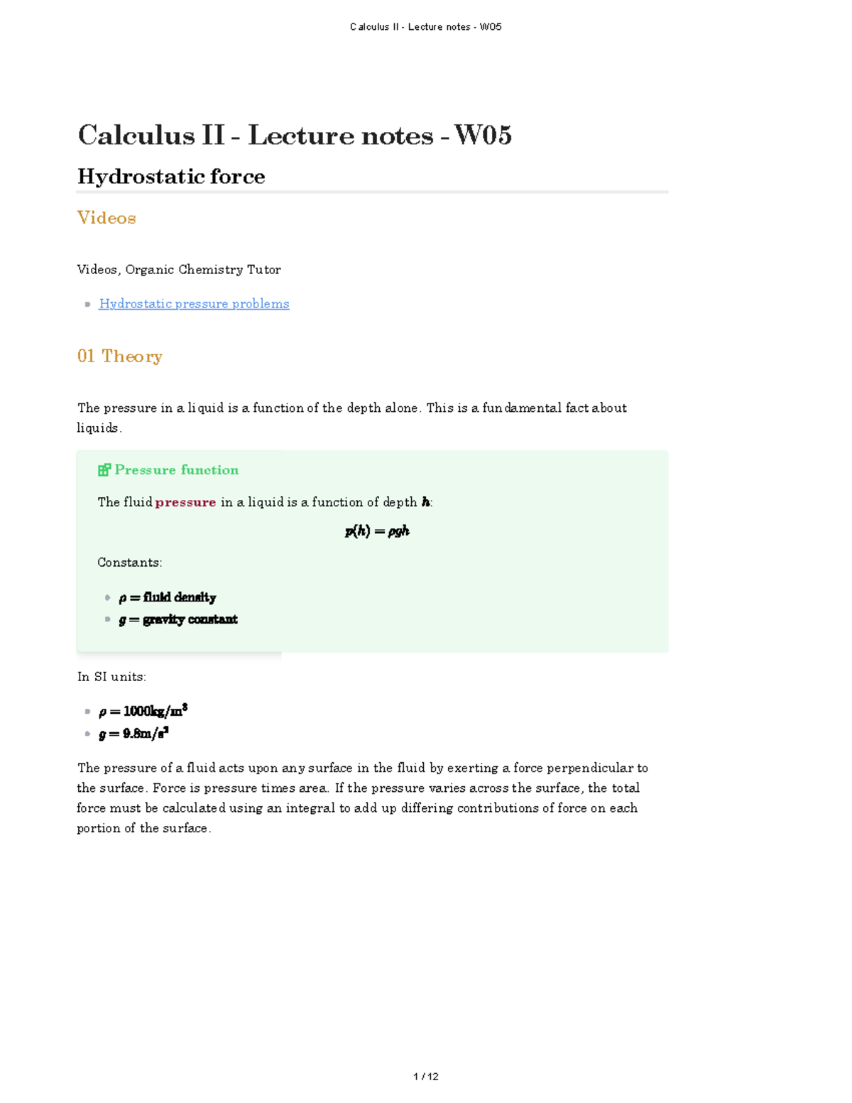 Calculus II Lecture Notes: Hydrostatic Forces & Work Calculations - Studocu