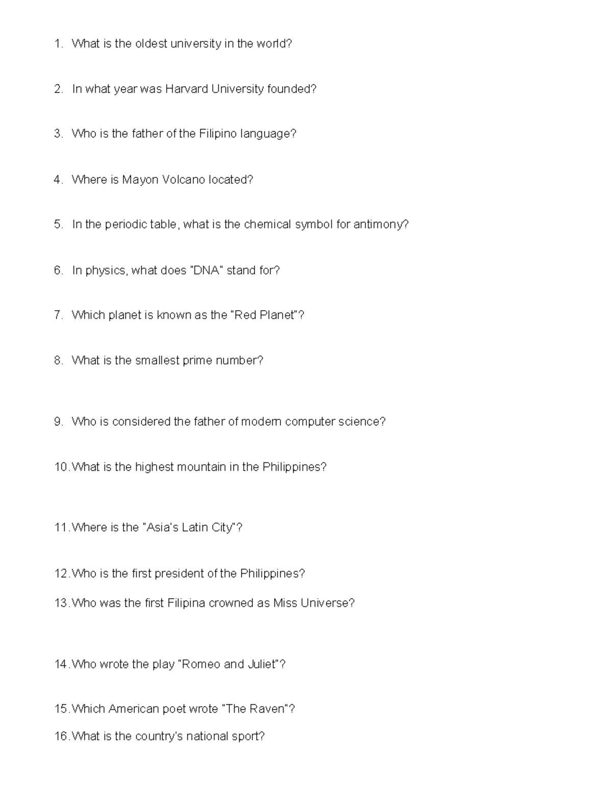 Trivia Questions Compilation for Study Guide - Studocu