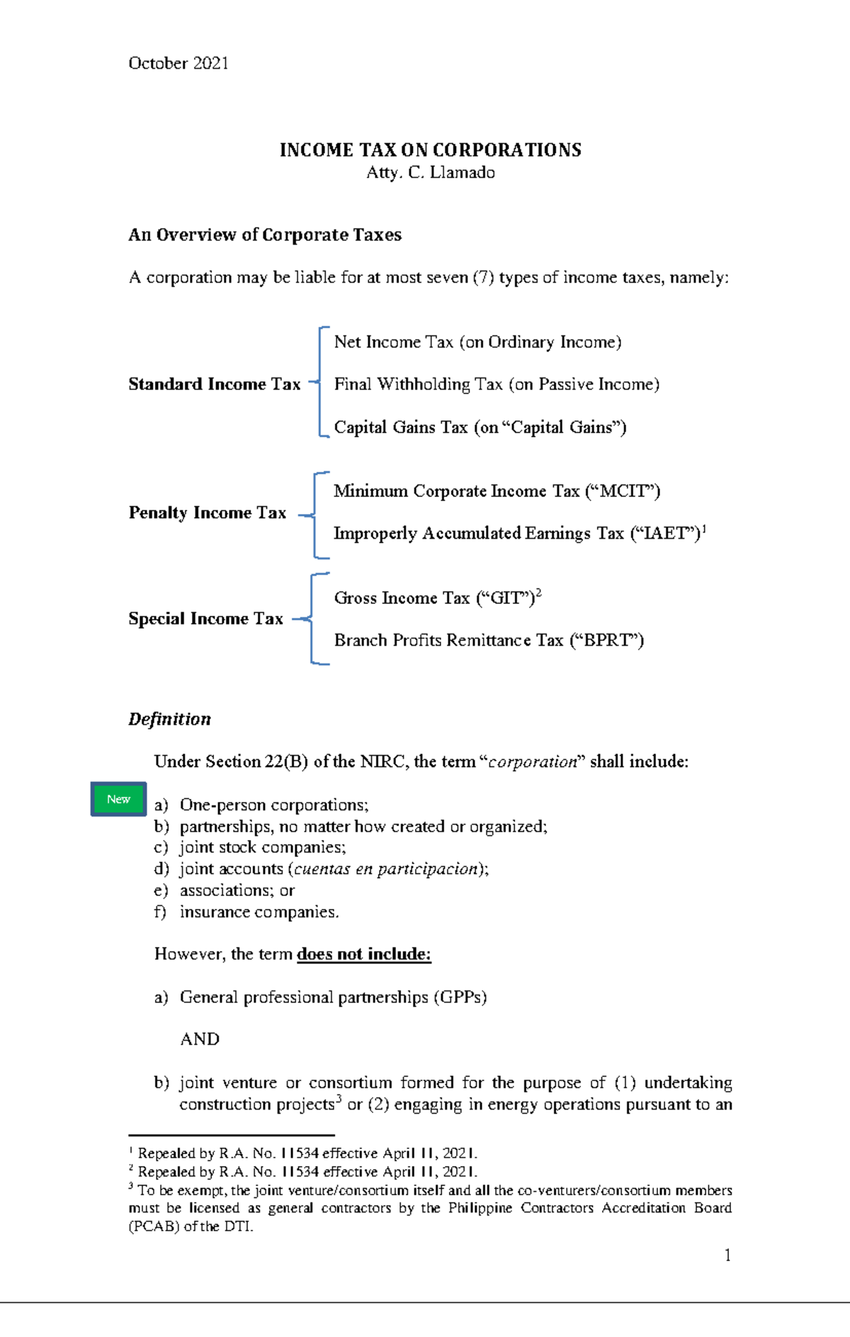 Corporate Income Tax Overview: Types, Rates, and Regulations - Studocu